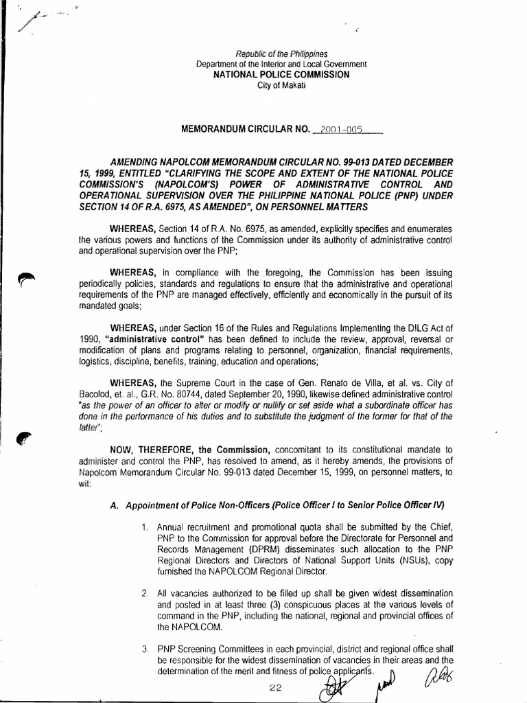 Napolcom MC No 2001-005 | PDF | Inspector | Government