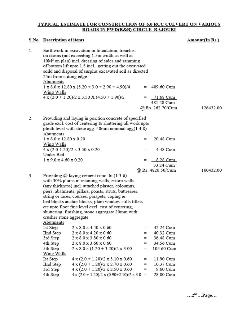 6.0 RCC Culvert Typical Estimate | Download Free PDF | Structural Engineering | Civil Engineering
