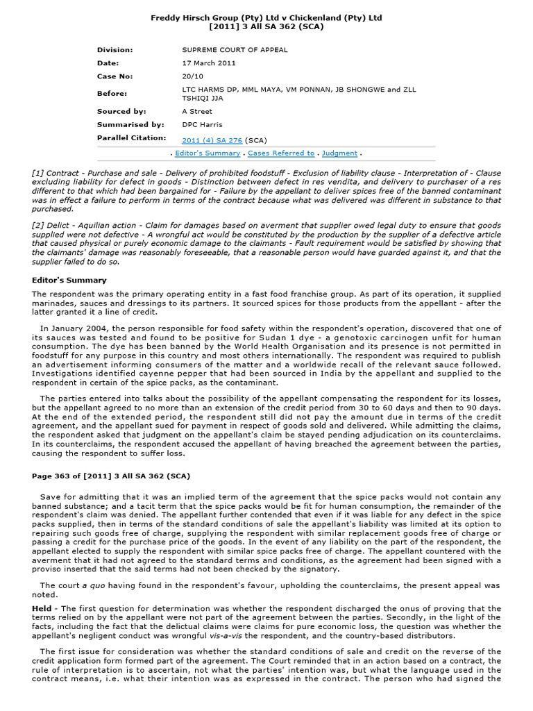 Freddy Hirsch Group (Pty) LTD V Chickenland (Pty) LTD (2011) 3 All SA 362 (SCA) | PDF ...