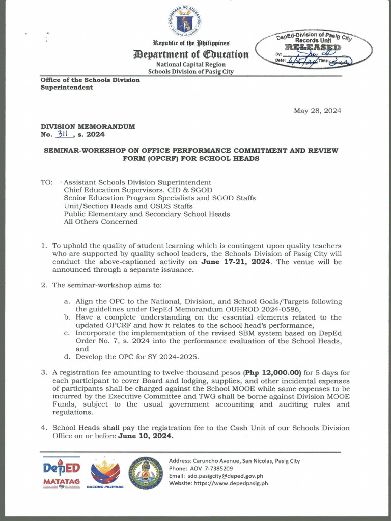 DM No. 311, S. 2024 - Seminar-Workshop On Office Performance Commitment ...