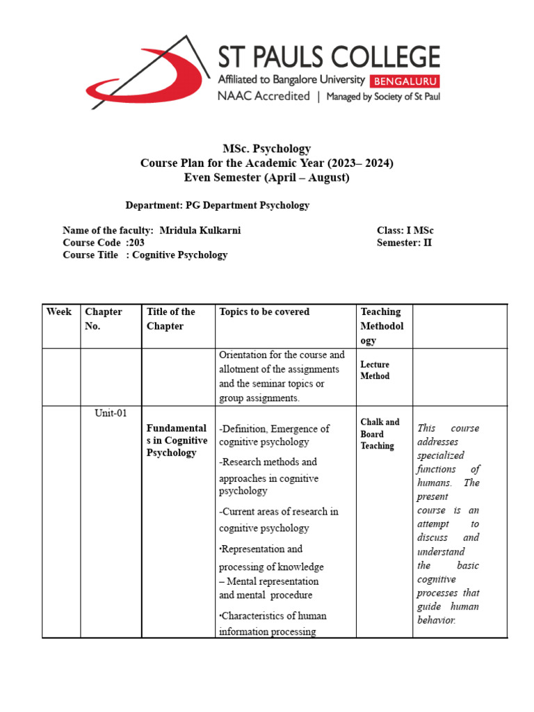 203 - Cognitive Psychology Course Plan | PDF | Cognition | Thought