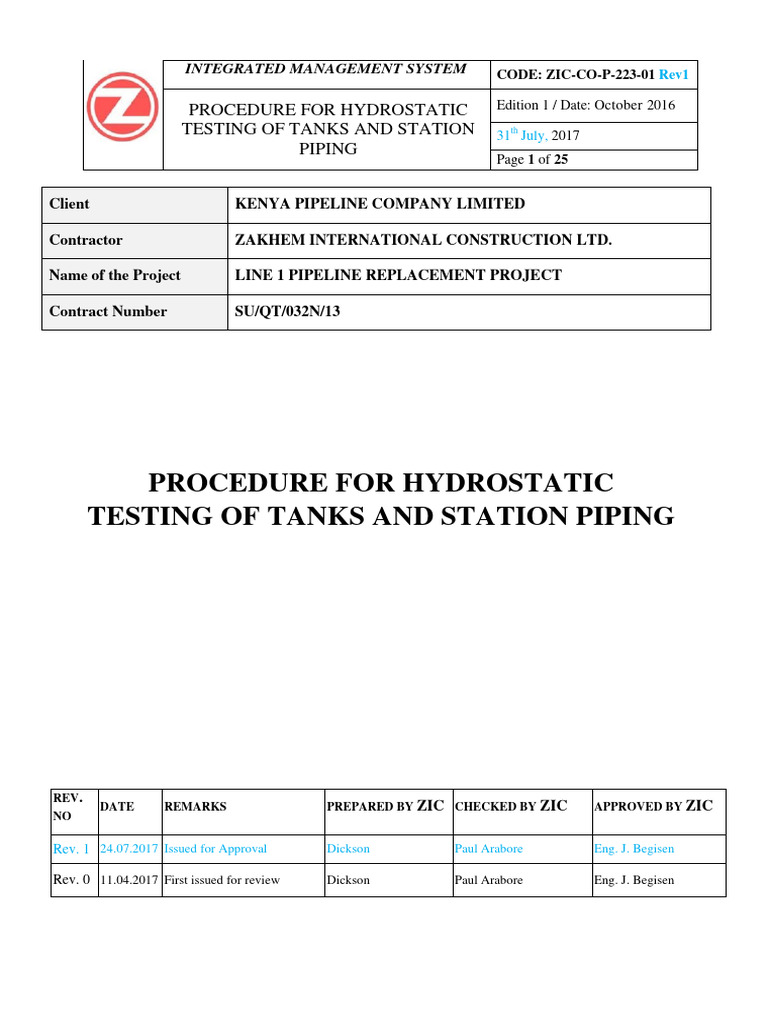 Procedure - Hydrostatic Testing of Tanks and Station Piping | PDF ...