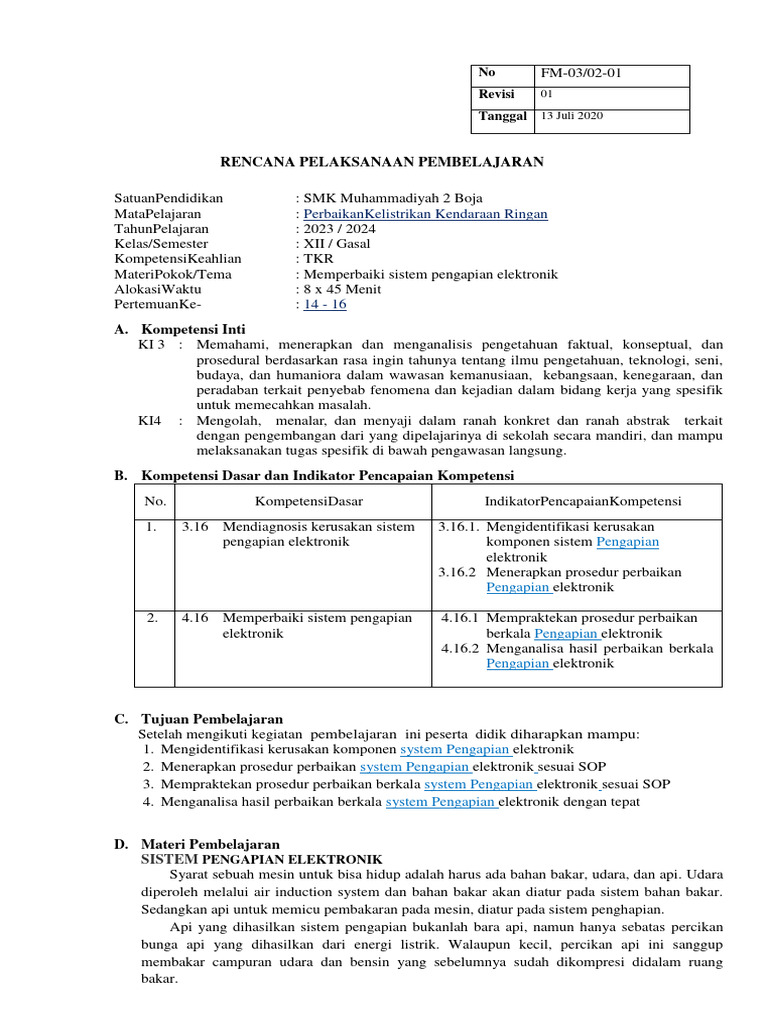 RPP KD 5 (Sistem Pengapian Elektronik) | PDF | Teknologi & Rekayasa