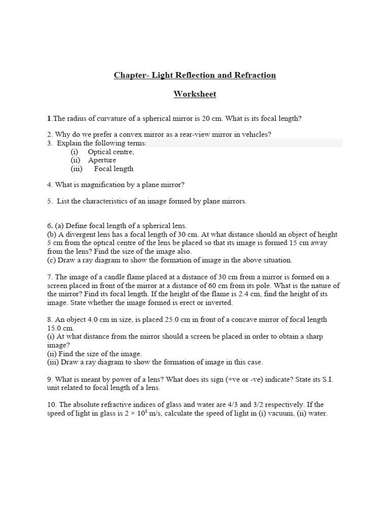 Worksheet - Light Chapter | PDF
