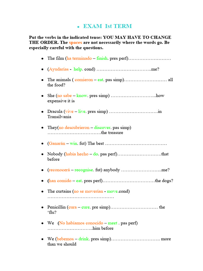 Exam Ist Term Tenses | PDF | Estudios de idiomas extranjeros | Arte