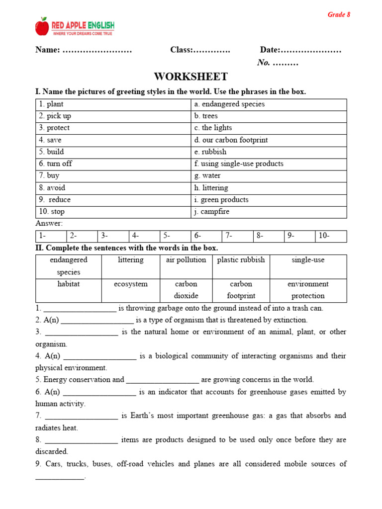 Grade 8 Environmental Awareness Worksheet | PDF | Climate Change ...