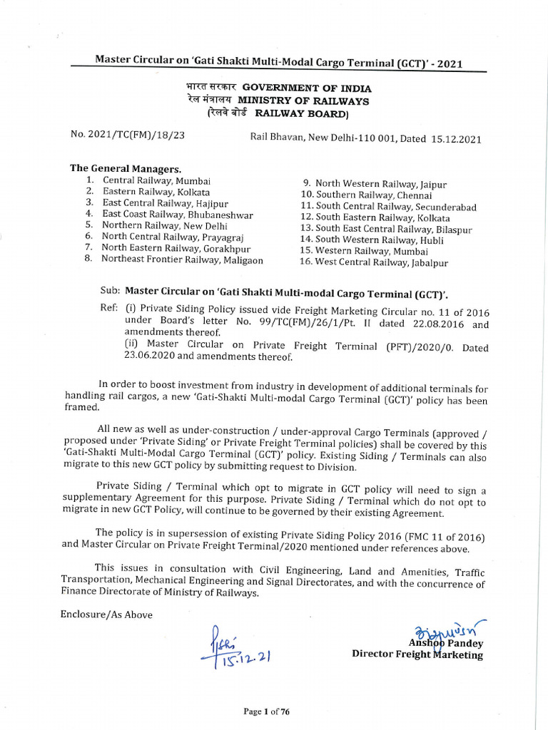 Master Circular On 'Gati Shakti Multi-Modal Cargo Terminal GCT Policy | PDF