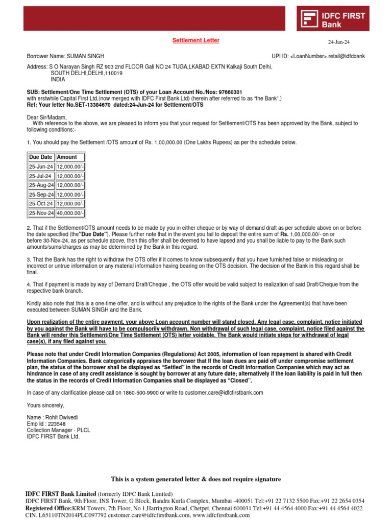 IDFC First Bank Loan Settlement Letter | PDF | Banks | Loans