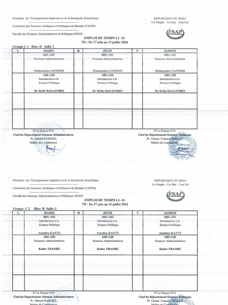 Emploi Du Temps TD L1 2023-2024 - Groupe C | PDF