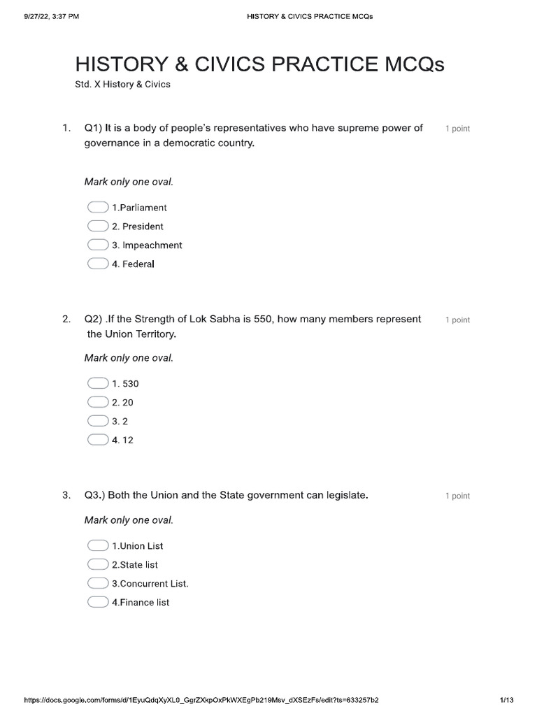 Std. X History & Civics Practice MCQs Worksheet | PDF