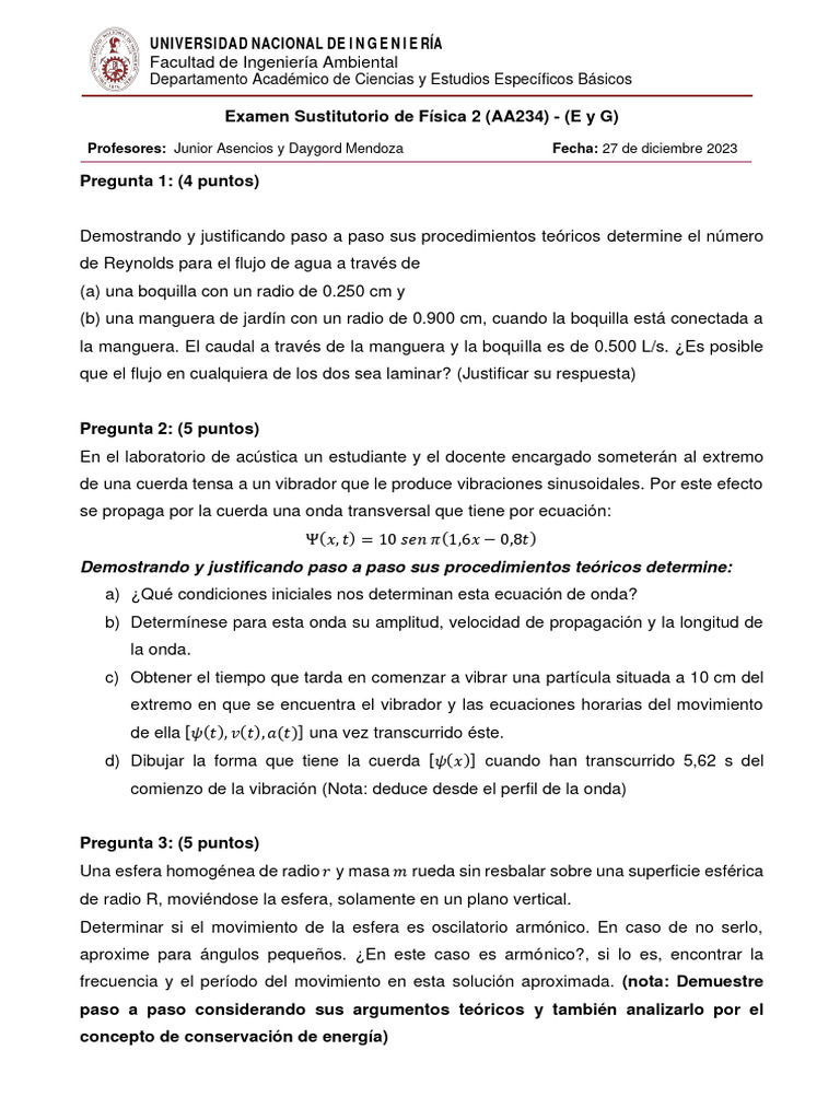EXAMEN SUSTITUTORIO - FISICA 2 - 20223-II - Solución | PDF | Olas | Mecánica de Medios Continuos