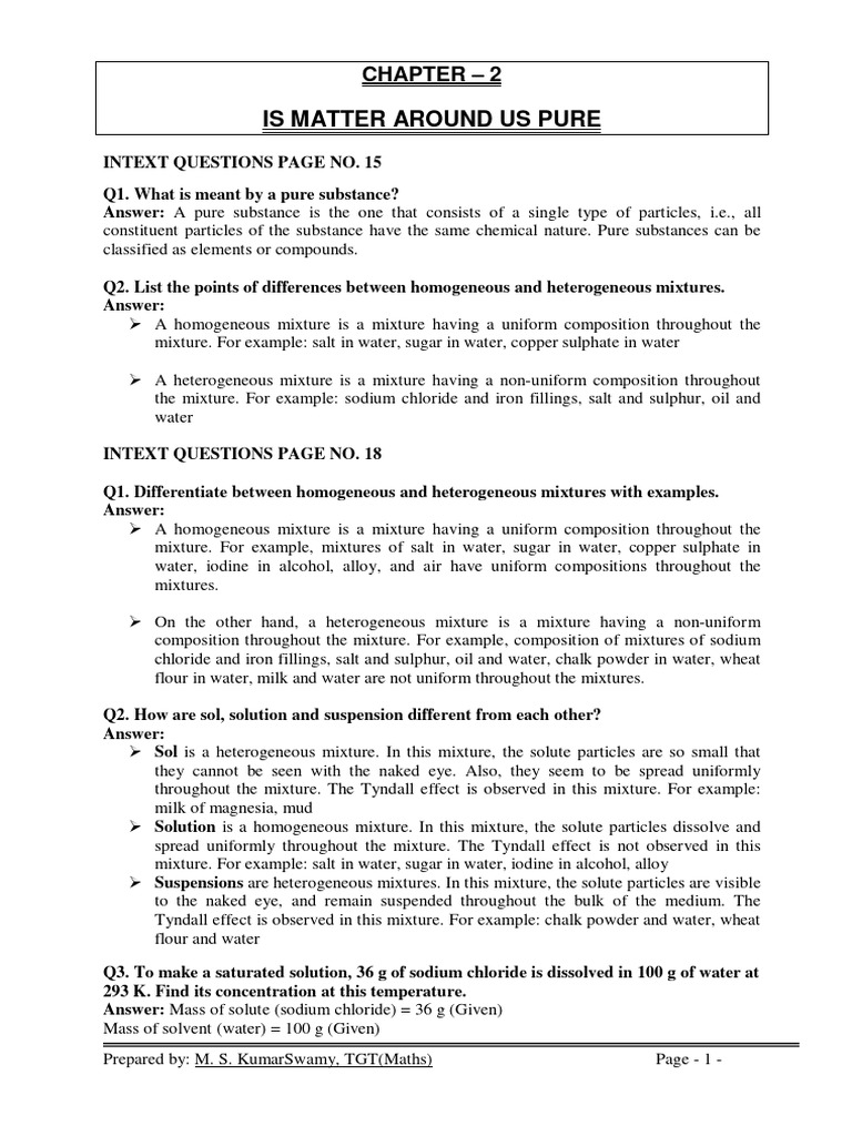 Chapter 02 Is Matter Around Us Pure Ncert Answers and Practice Questions | PDF | Mixture ...
