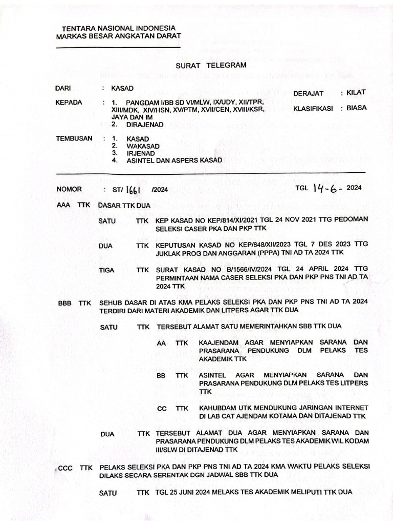 ST Pelaks Seleksi Pka Dan PKP PNS Tni Ad | PDF