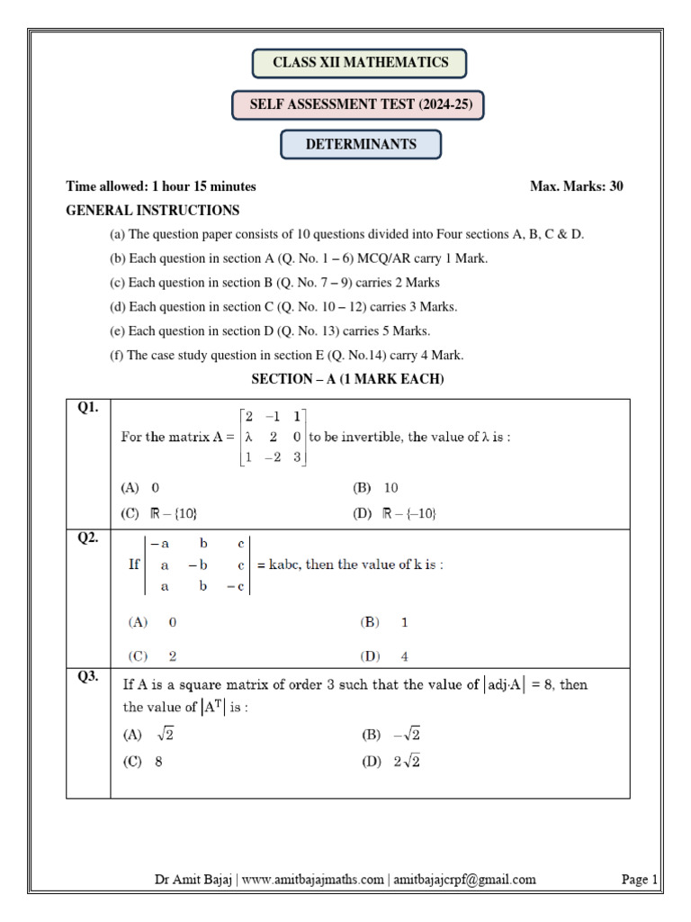CLASS XII DETERMINANTS SELF-ASSESSMENT TEST (2024-25) WITH ANSWERS (DR ...