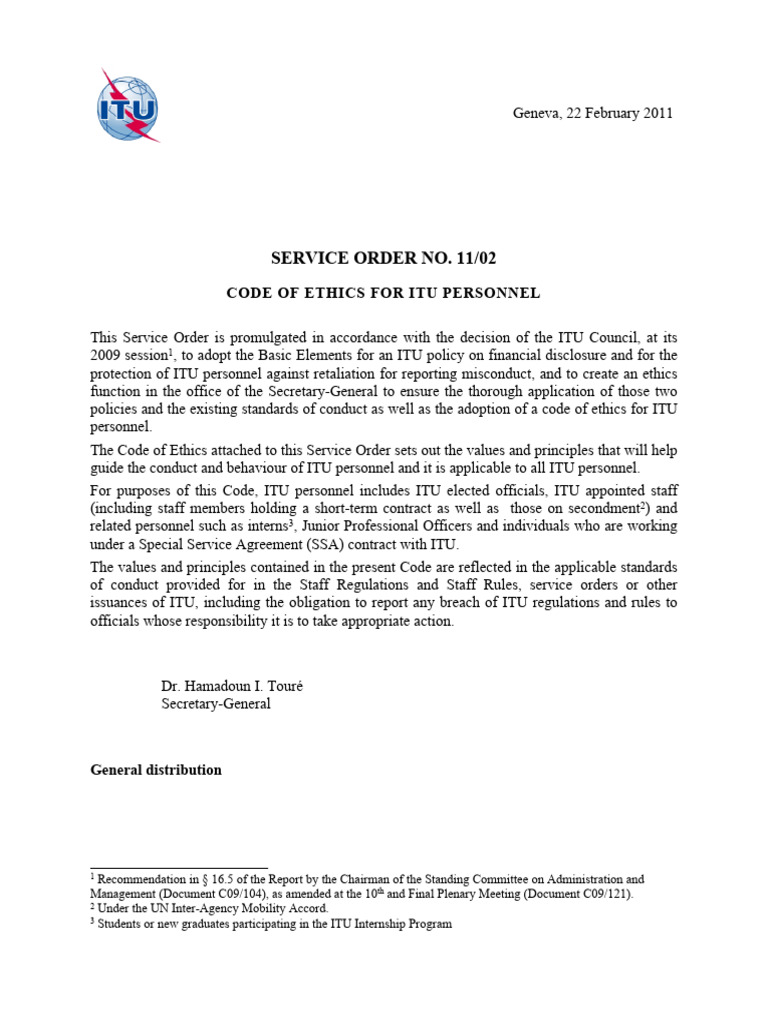 ITU Code of Ethics SERVICE ORDER NO 11-02 | PDF | International ...