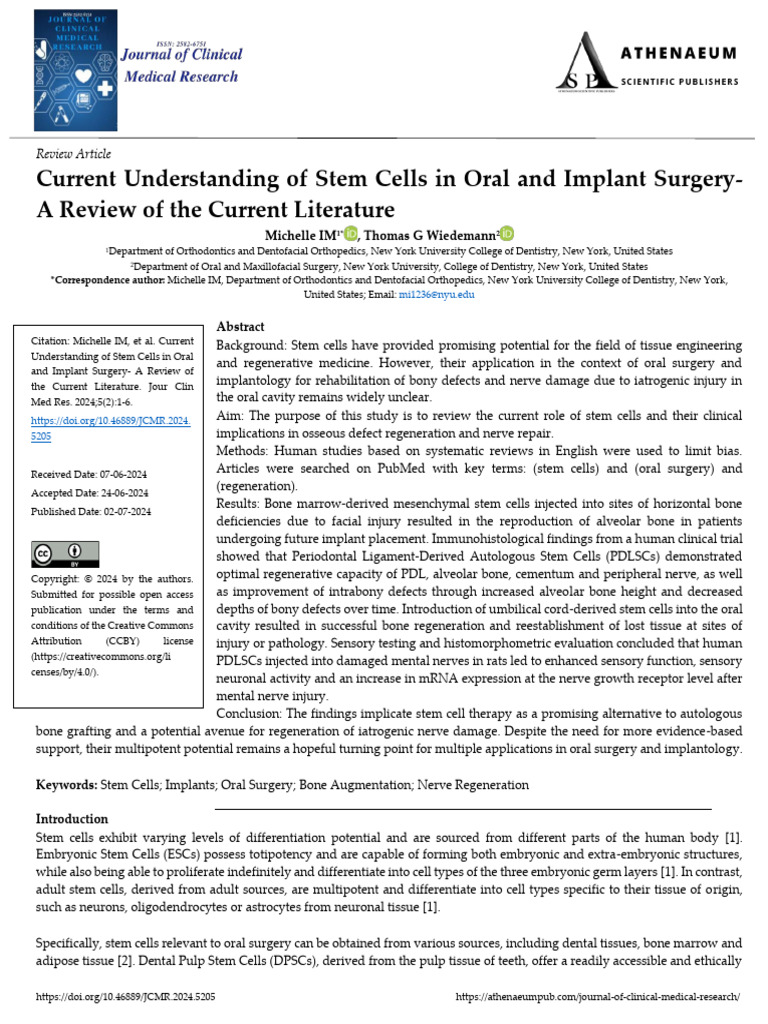 Current Understanding of Stem Cells in Oral and Implant Surgery A Review of The Current ...