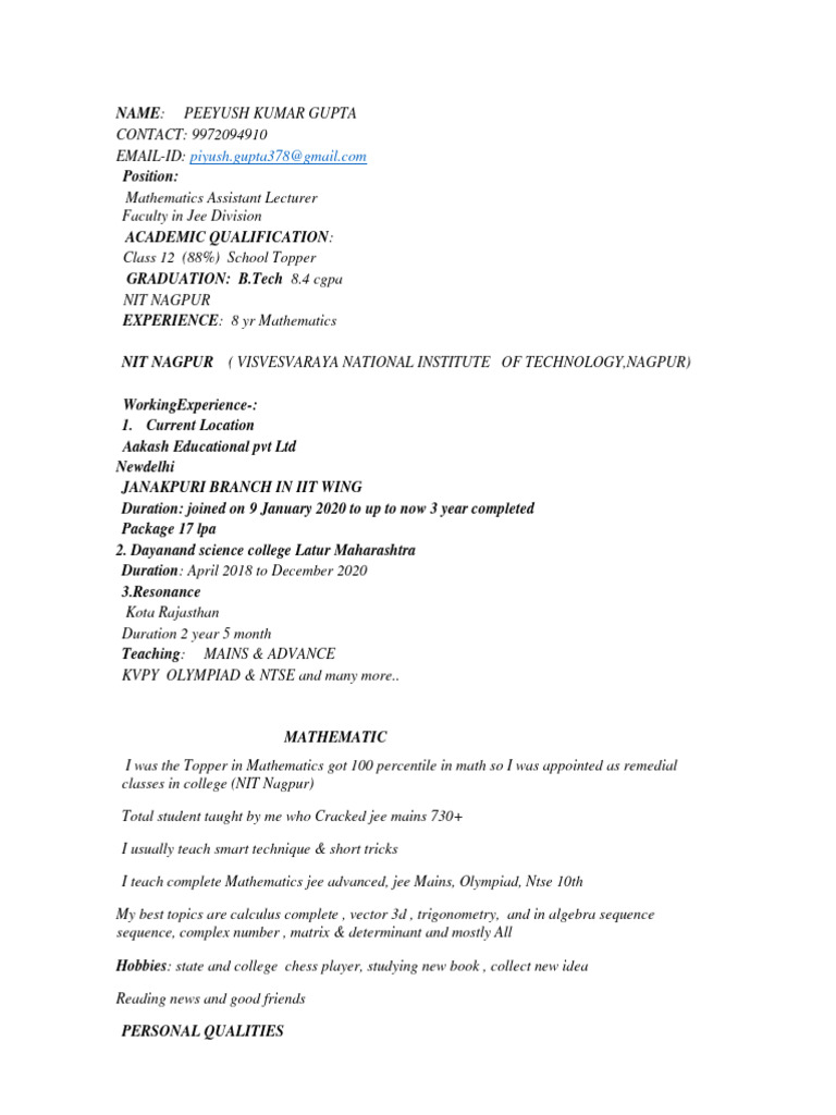 Mathematics Lecturer with 8 Years Experience | PDF | Career & Growth