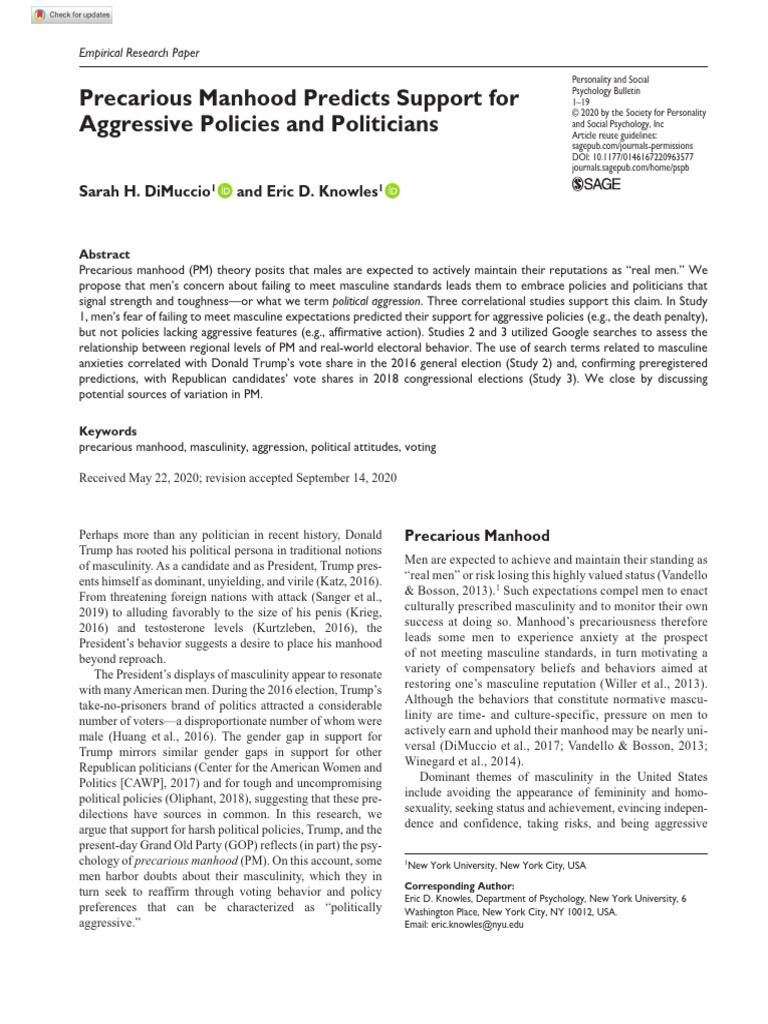 Precarious Manhood and Political Aggression | PDF | Masculinity ...