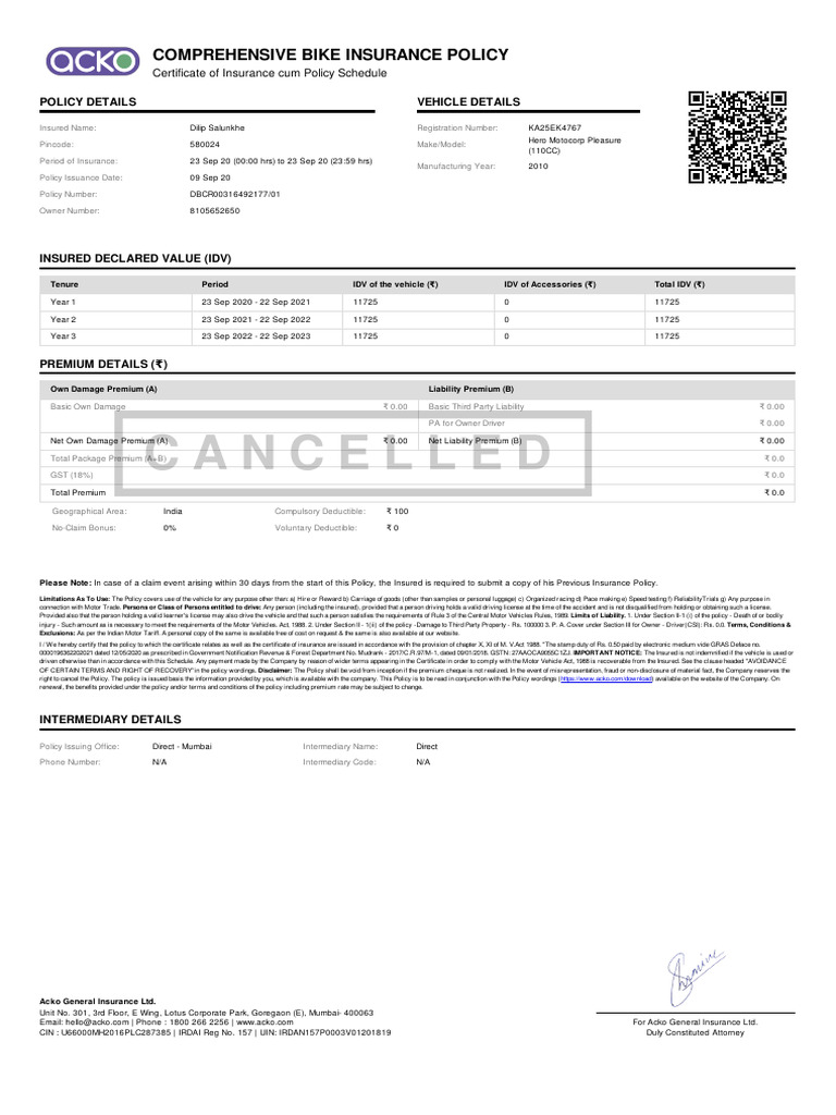 Comprehensive Bike Insurance Policy | PDF | Insurance | Liability Insurance