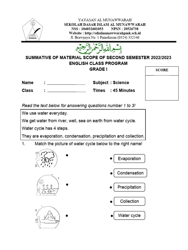 Grade I English Science Water Cycle Quiz | PDF