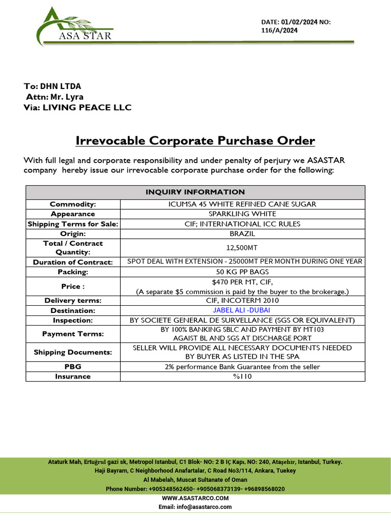 Irrevocable Purchase Order for Sugar | PDF | Business Law | Supply ...