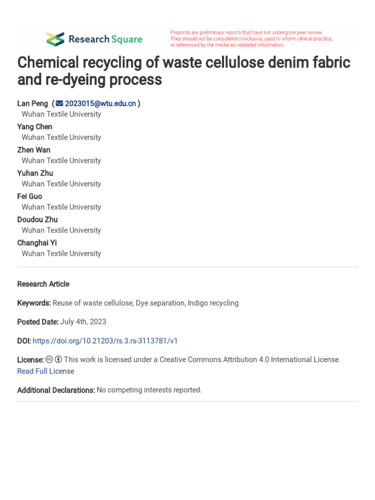 Chemical Recycling of Waste Cellulose Denim Fabric | PDF | Dyeing ...