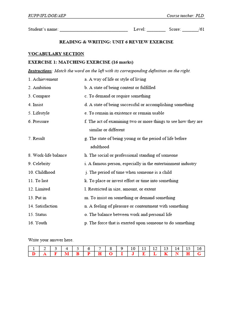 AEP L6 RW Unit 6 Review Exercise With KEY | PDF | Social Psychology