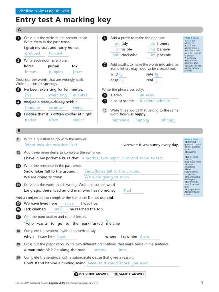 English Skills Entry Test A Marking Key | PDF | Linguistic Typology ...