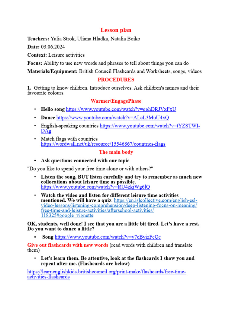 Leisure Activities Lesson Plan | PDF | Learning | Cognition