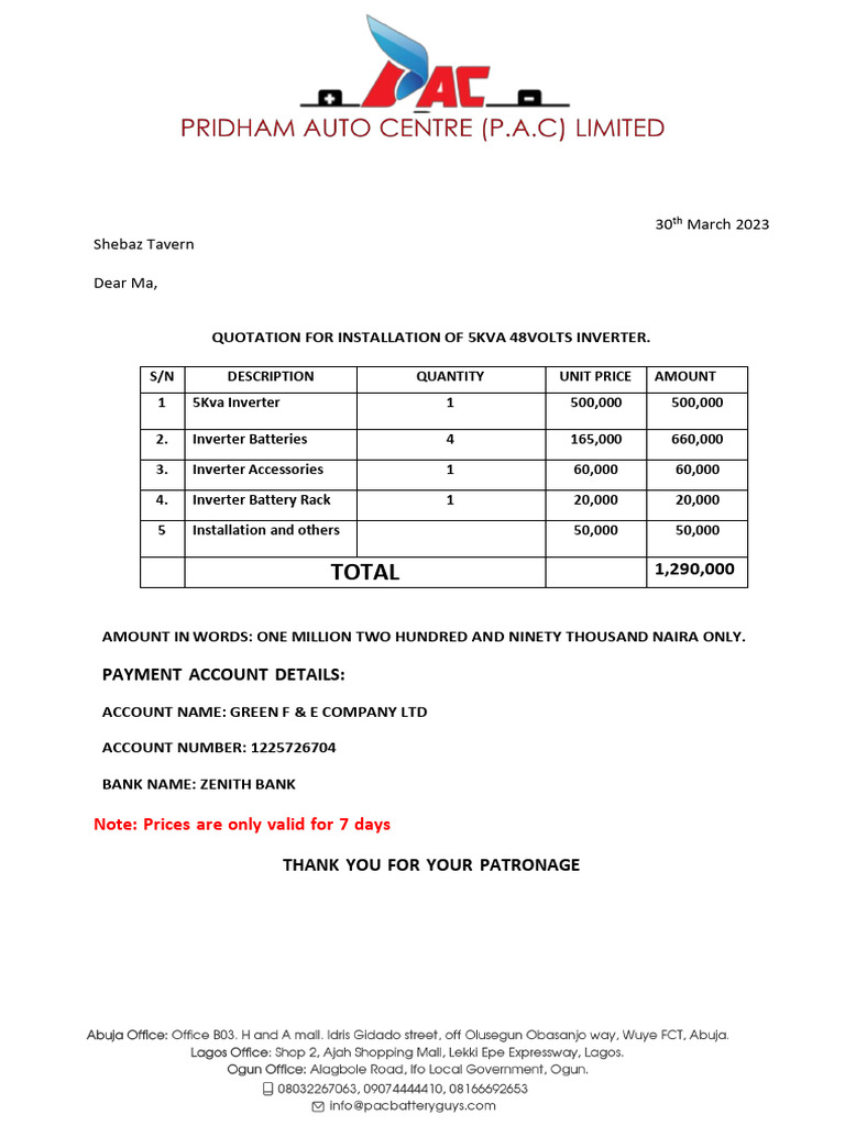 5KVA Quotation Customers for Shebaz Tavern | PDF