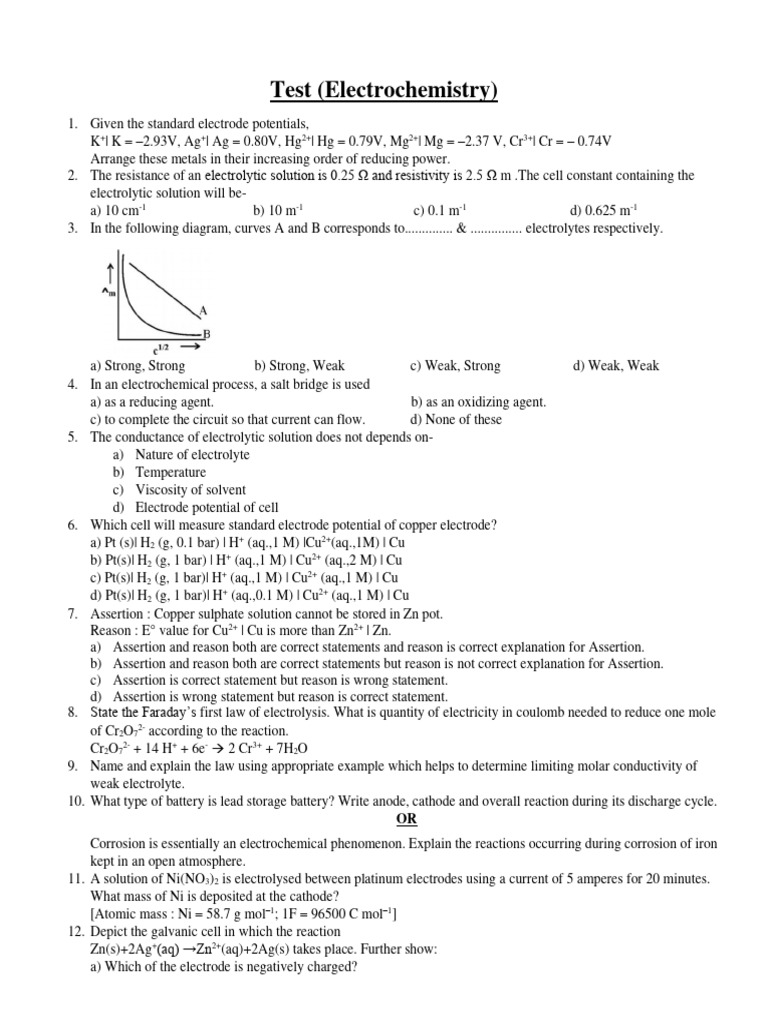 Test (Electrochemistry) For Practice | PDF | Electrochemistry | Chemistry