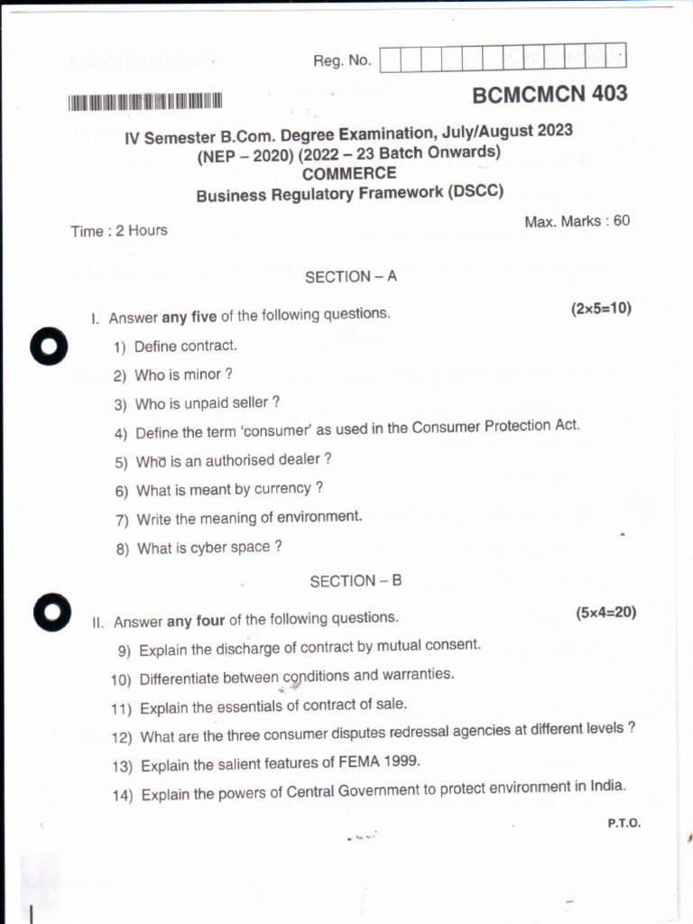 BCOM IV Semester Business Regulatory Framework NEP July 2023 | PDF