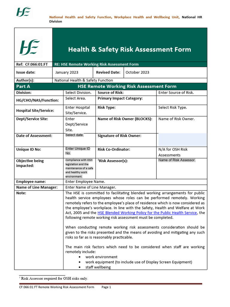 CF 066 01 FT Remote Working Risk Assessment Form Fillable Form | PDF ...