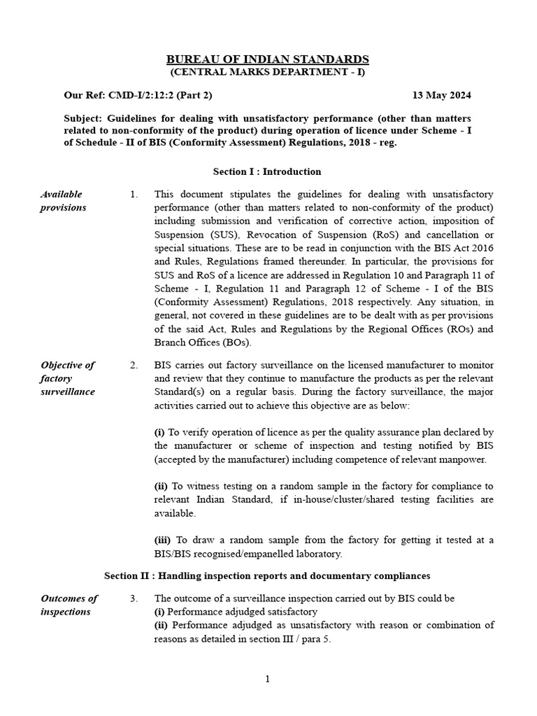 BIS Guidelines for Unsatisfactory Performance | PDF | License ...