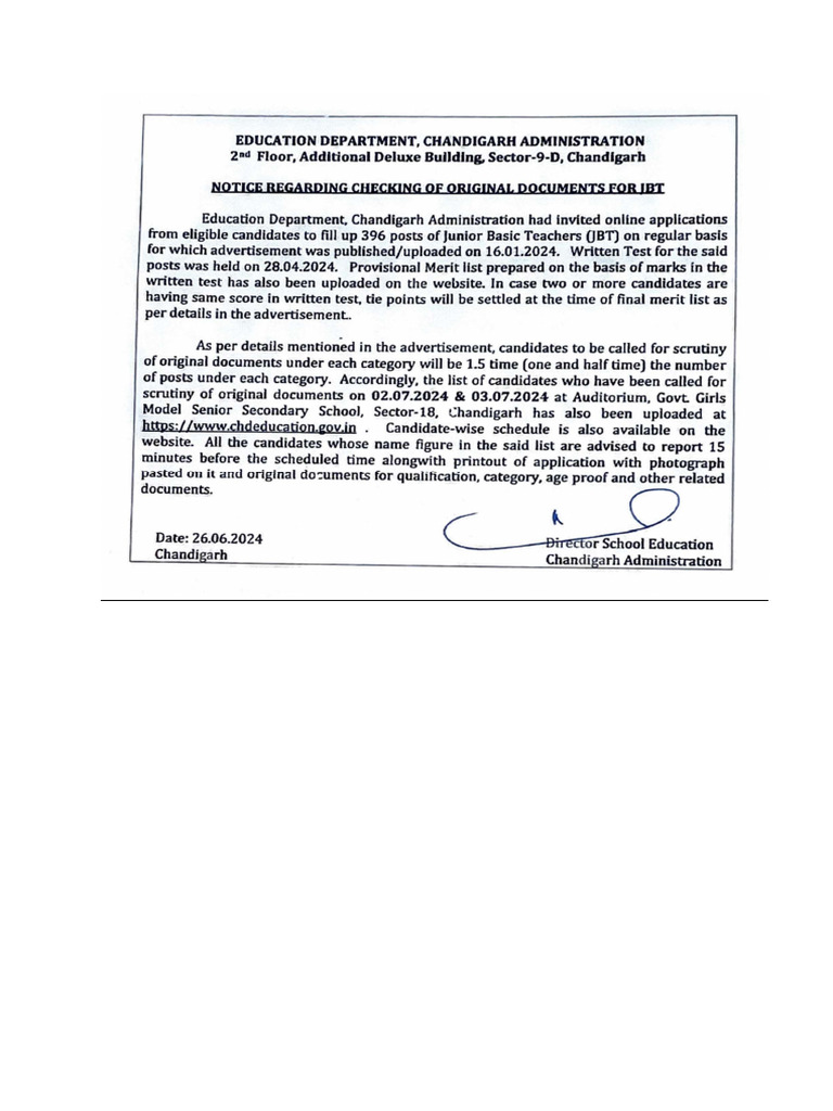 Notice For Document Verification For JBT and Candidate Schedule Uploaded On 26 06 2024 | PDF ...
