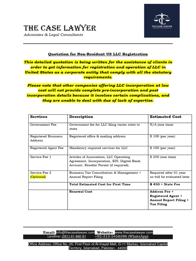 US LLC Quotation & Requirement | PDF | Registered Agent | Limited ...