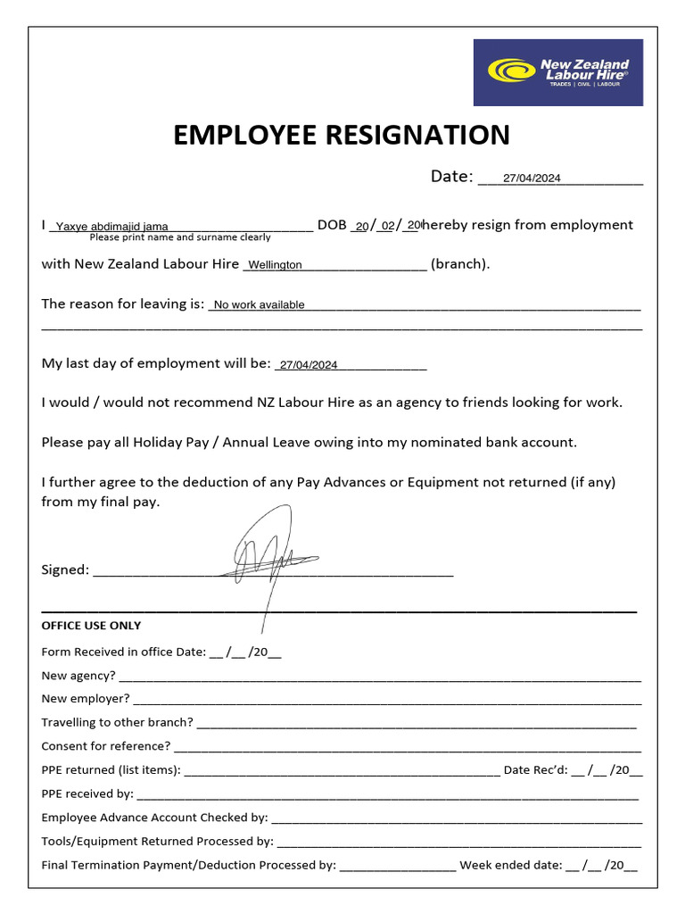 Employee Resignation Form 1 | PDF | Finance & Money Management