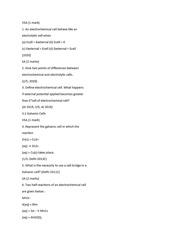 Chemistry Class 12 Boards Electrochemistry Pyq | PDF | Electrochemistry ...