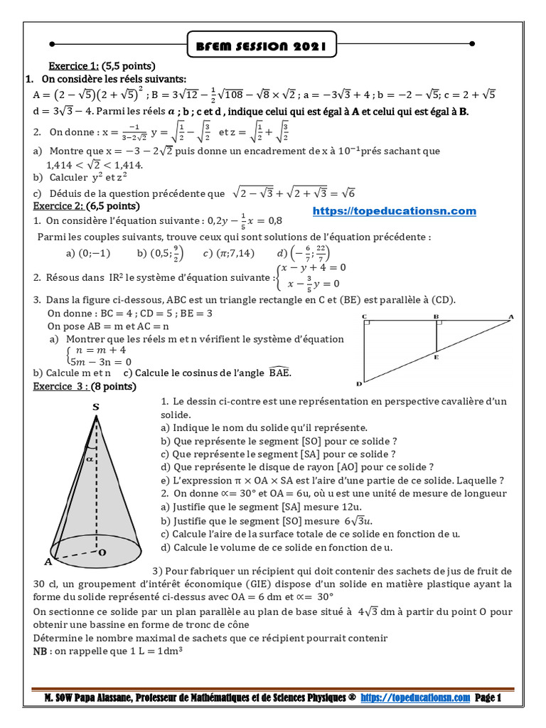 Bfem 2021 Mathematiques | PDF | Mathématiques | Nombre