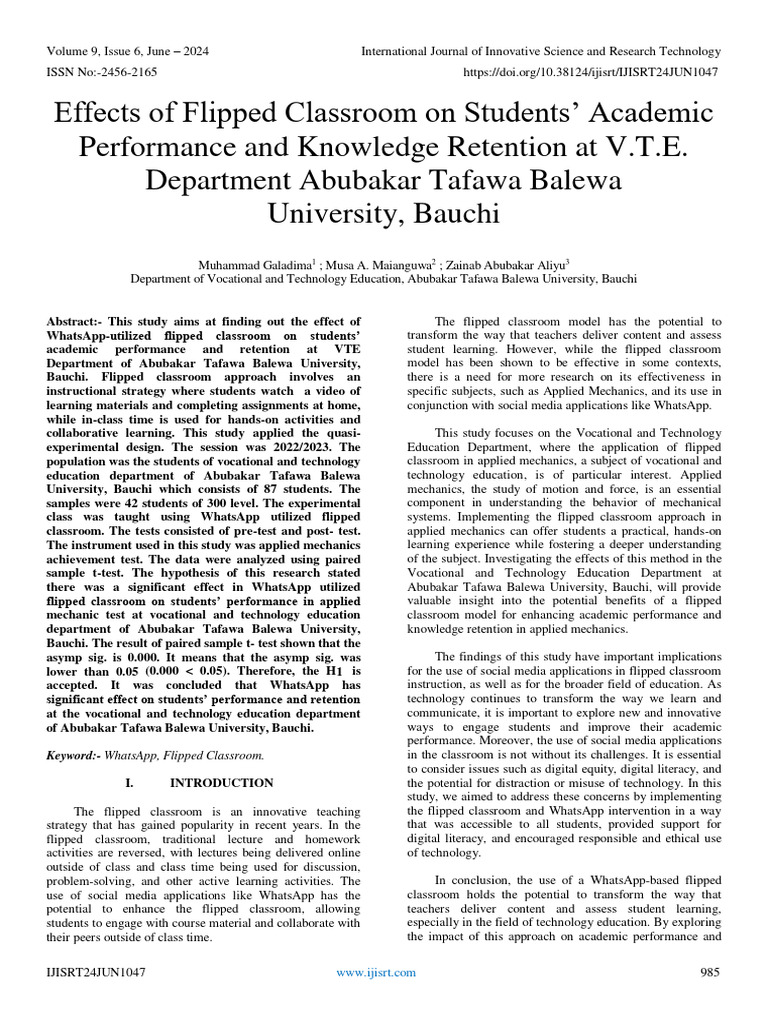 Effects of Flipped Classroom On Students' Academic Performance and Knowledge Retention at V.T.E ...