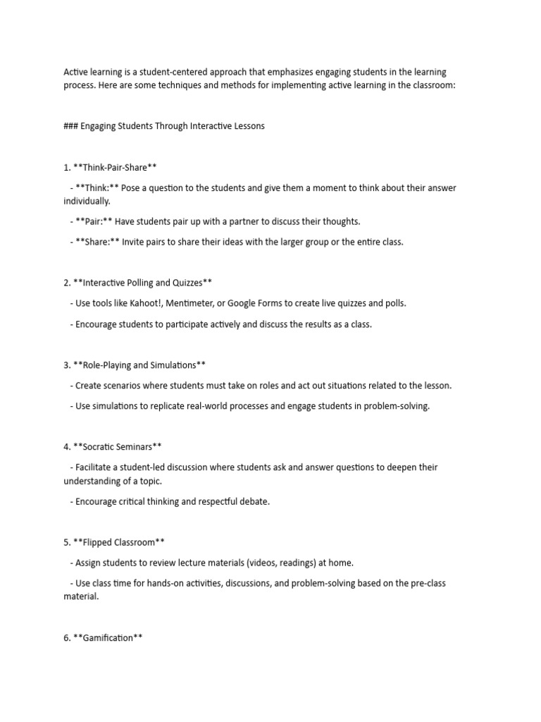 Active Learning Techniques for Classrooms | PDF | Learning | Human ...