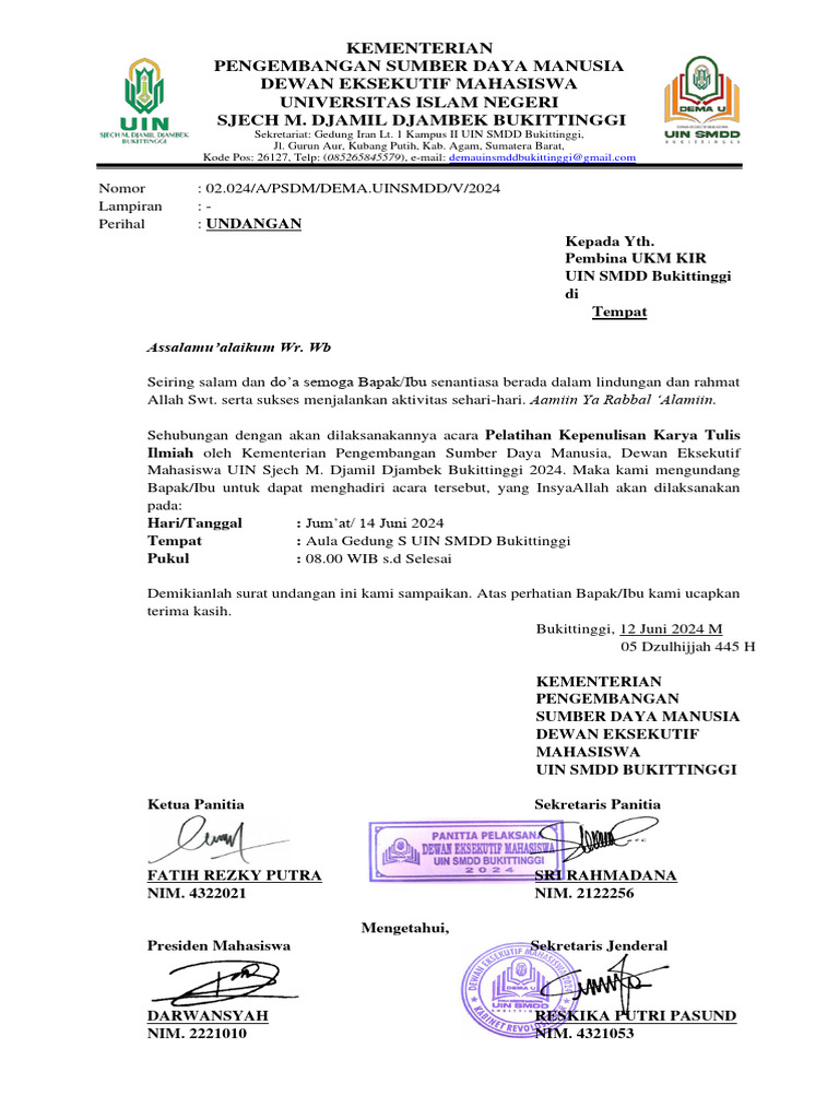 Surat Undangan Pembina UKM KIR UIN Bukittinggi | PDF
