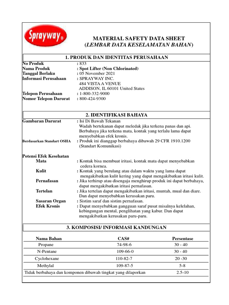 MSDS Spot Lifter 833 Non Chlorinated, Indonesia | PDF