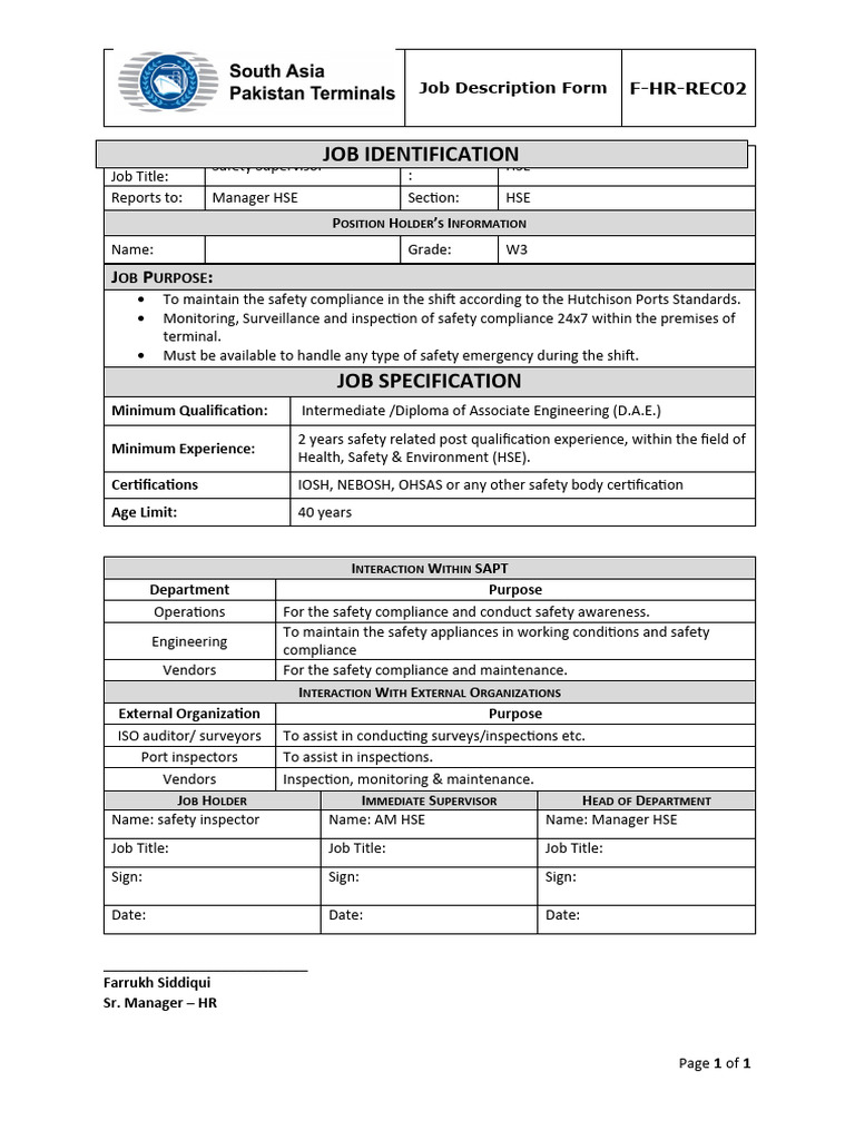JD Format (F-HR-REC02) Safety Supervisor | PDF | Safety