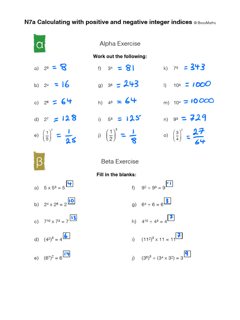 Integer Indices Calculation Exercises | PDF | Mathematics | Arithmetic