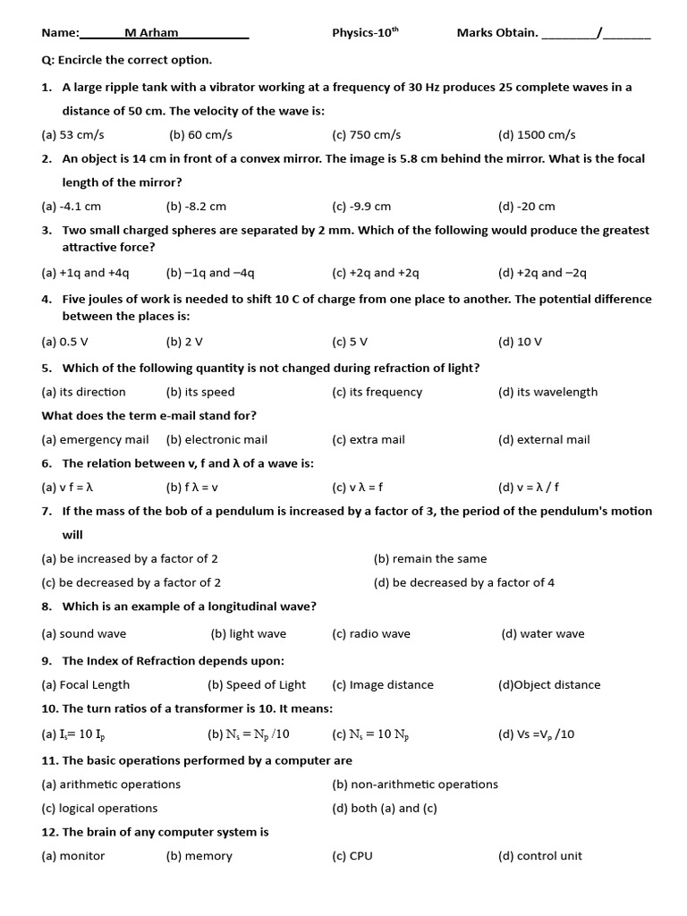 Physics 10th MCQs | PDF | Waves | Wavelength