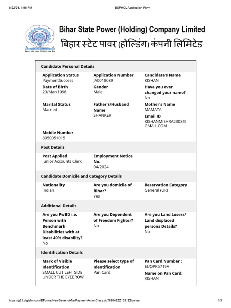 BSPHCL Junior Accounts Clerk Application | PDF