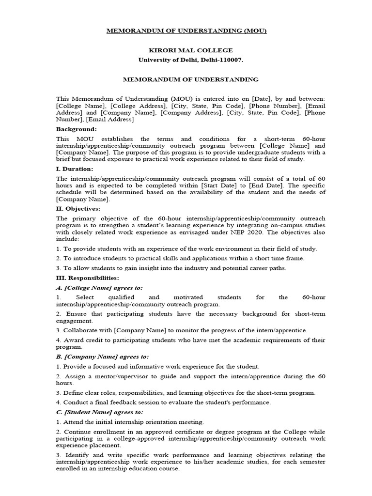 MOU for 60-Hour Internship Program | PDF | Internship | Job Hunting