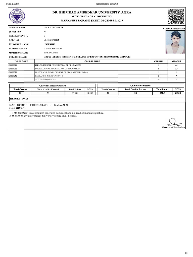 Ma-1st Semester Marksheet | PDF