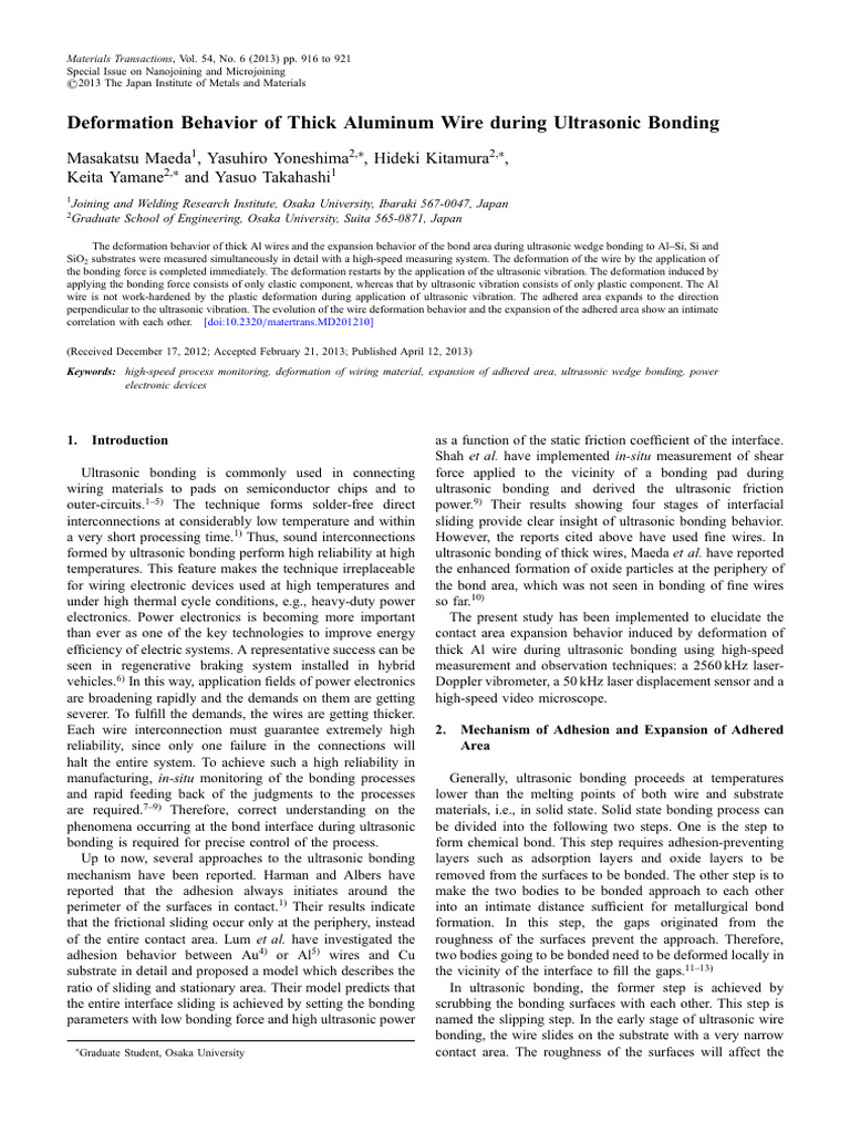 Deformation Behavior of Thick Aluminum Wire During Ultrasonic Bonding ...